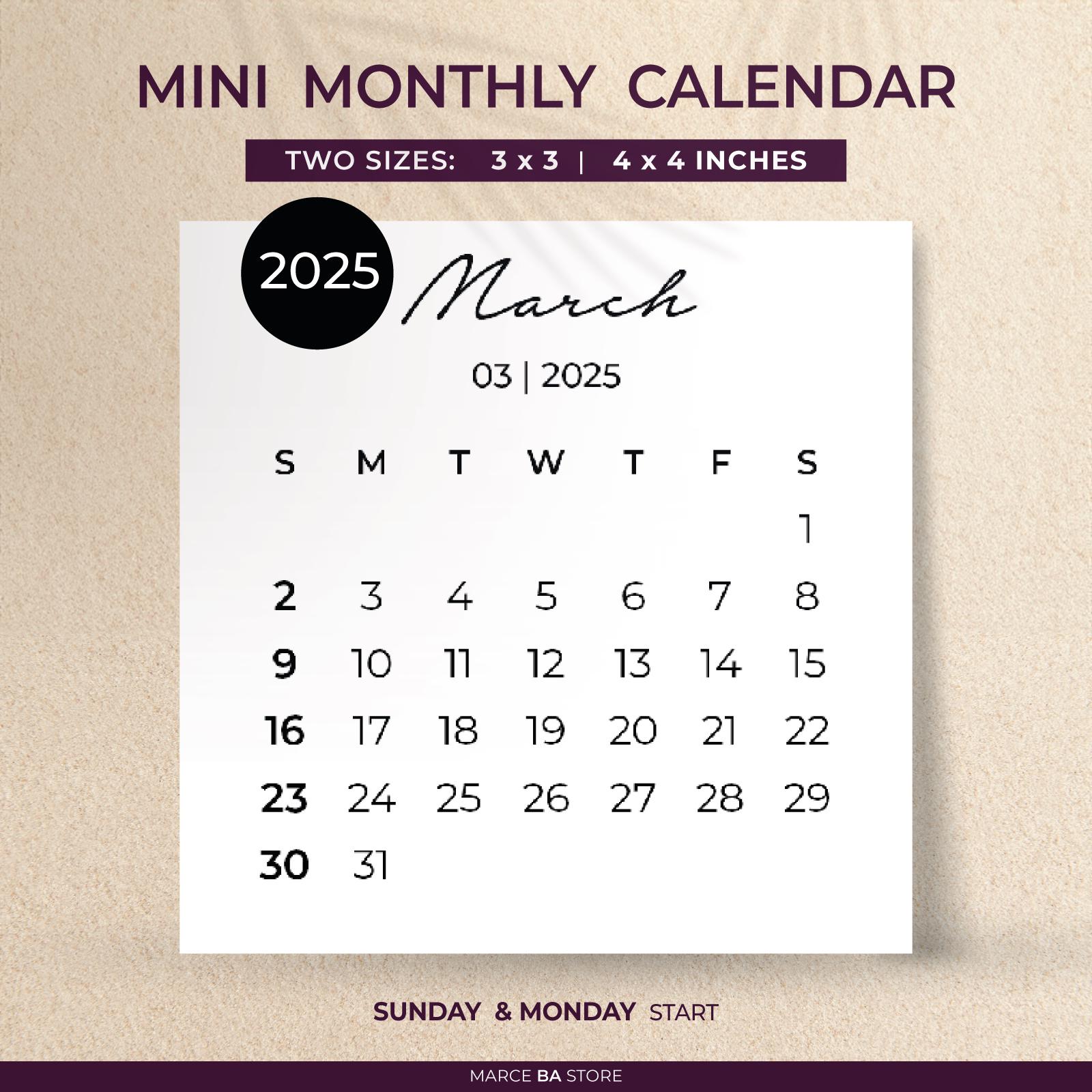 2025 Mini Monthly Calendar Cards. Elegant Pocket Calendar Square ...