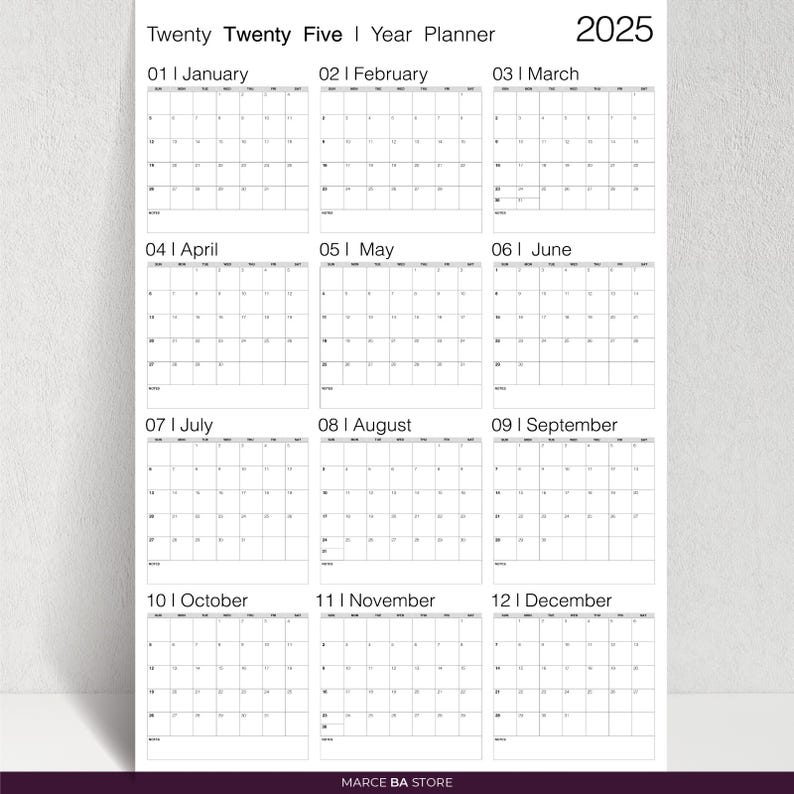 2025 Printable Black and White Wall Calendar: Minimalist Design, Annual ...