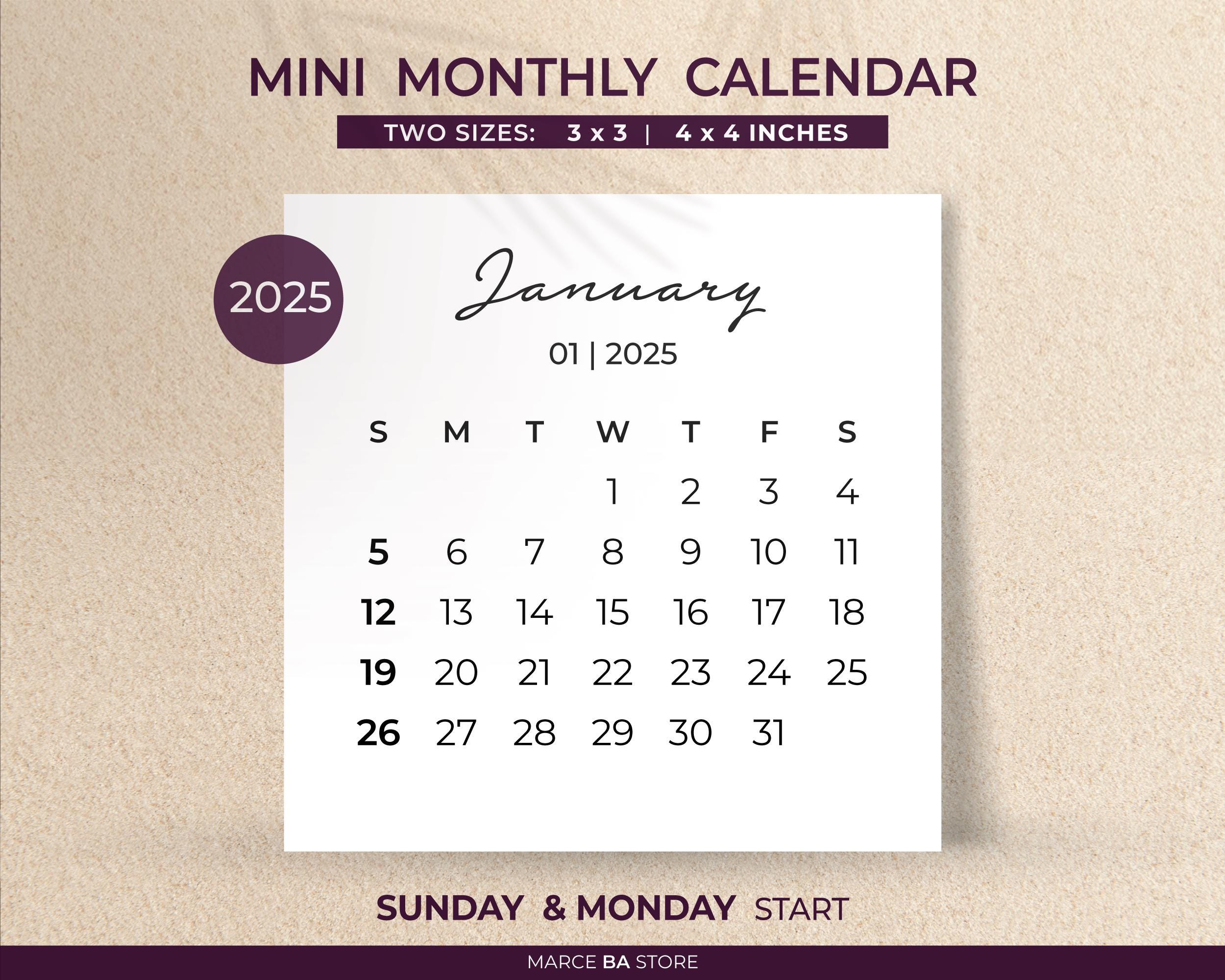 2025 Mini Monthly Calendar Cards. Elegant Pocket Calendar Square ...
