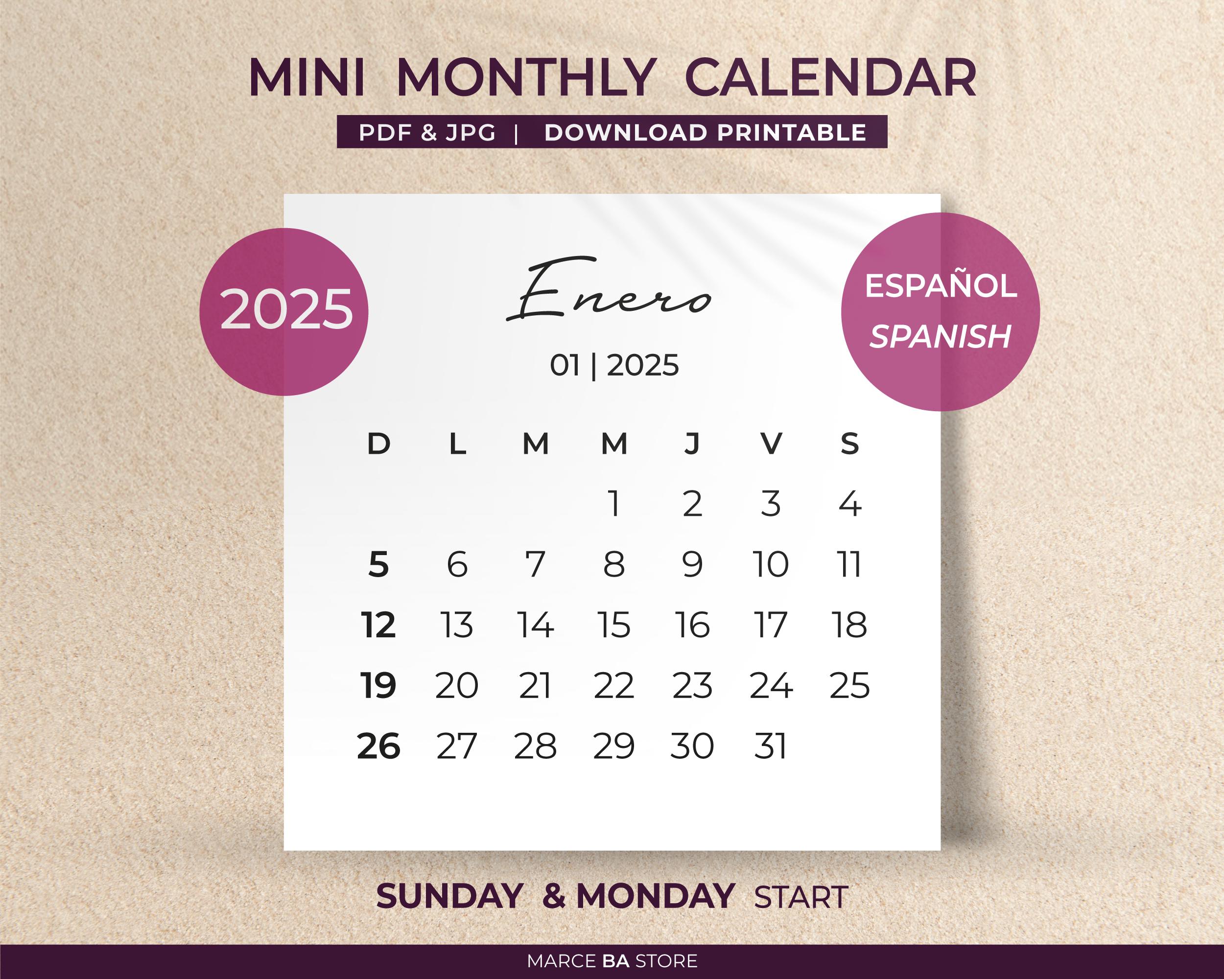 2025 Mini Calendar 3x3 Inch PDF in Spanish, 2025 Small Calendar Card ...