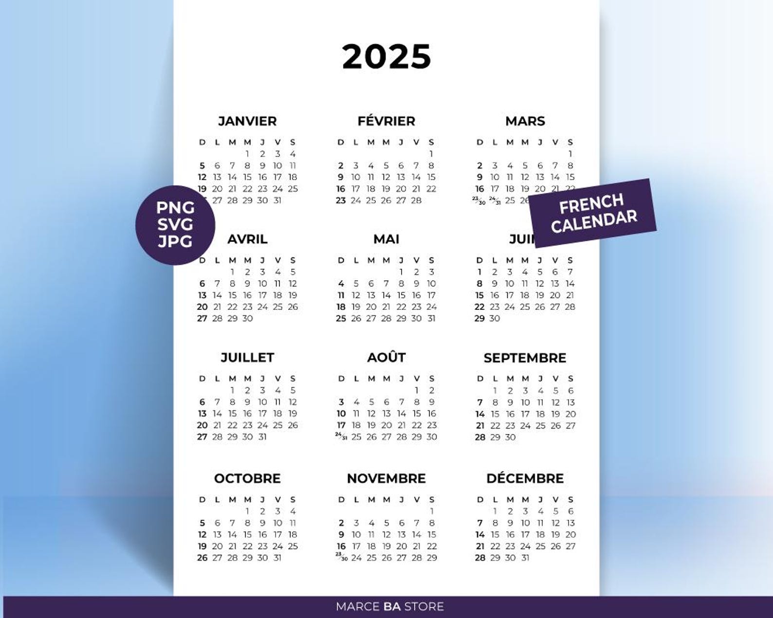 2025 PNG French Calendar: Transparent Background, Printable Digital ...