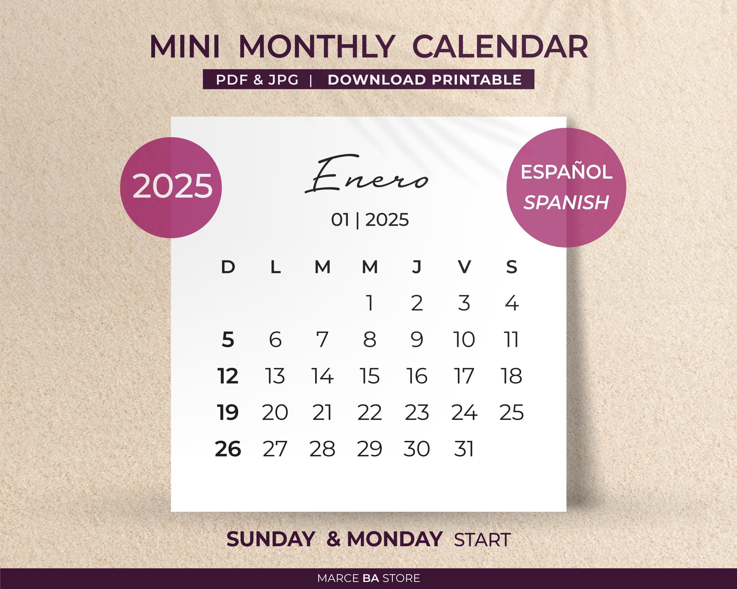 2025 Mini Calendar 3x3 Inch PDF in Spanish, 2025 Small Calendar Card ...