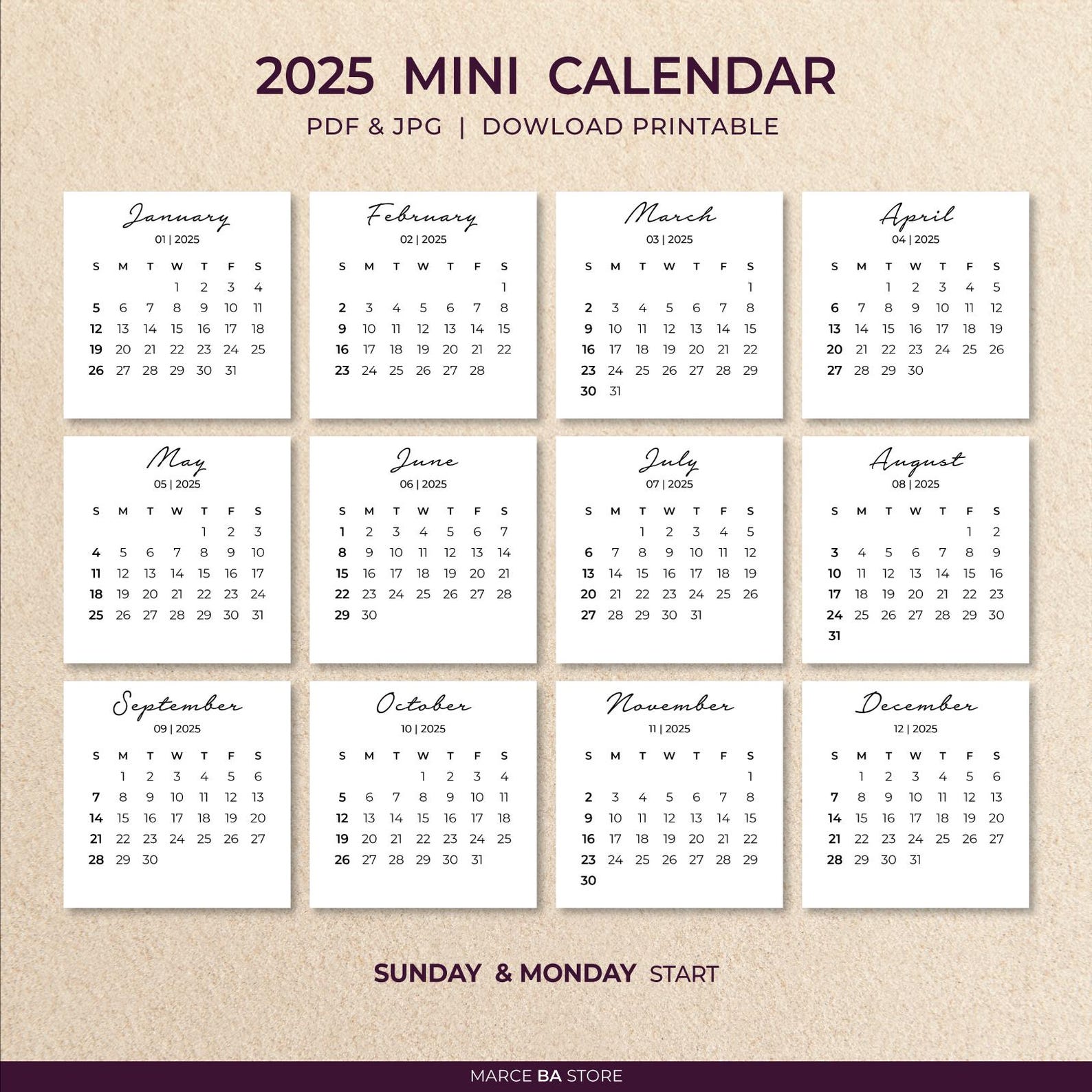 2025 Mini Monthly Calendar Cards. Elegant Pocket Calendar Square ...