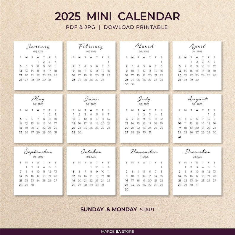 2025 Mini Monthly Calendar Cards. Elegant Pocket Calendar Square ...