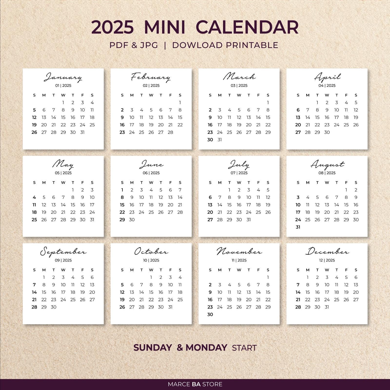 2025 Mini Monthly Calendar Cards. Elegant Pocket Calendar Square ...