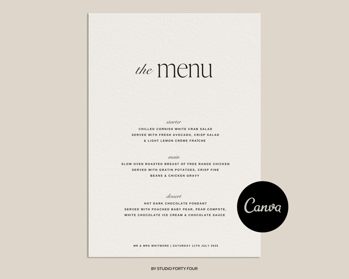 Minimal Modern Canva Wedding Menu Template | Fully Customizable Design ...