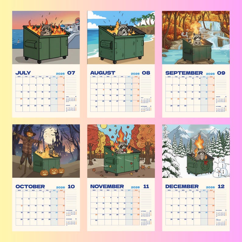 Funny Raccoon Dumspter Fire Calendar, Dumpster Fire Cartoon Wall ...