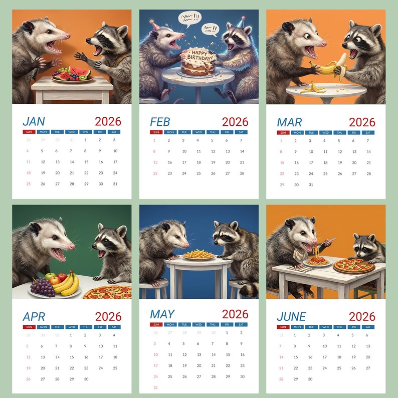 Raccoon Vs Opossum 2026 Funny Calendar,cute Opossum and Raccoon Wall ...