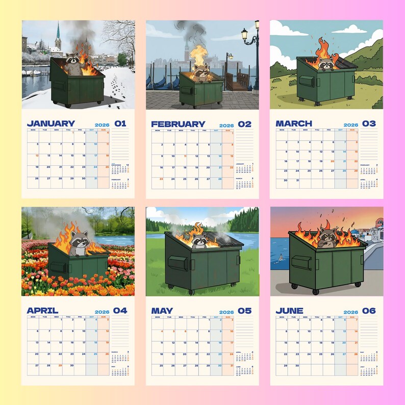 Funny Raccoon Dumspter Fire Calendar, Dumpster Fire Cartoon Wall ...