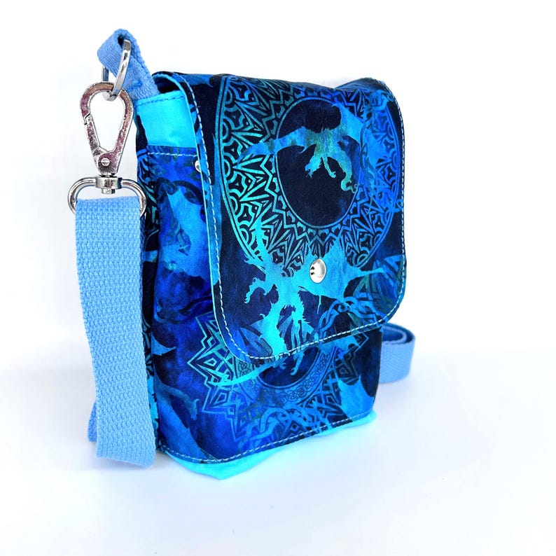 Blue Cross Body Bag, Fully Lined With Cotton Fabric Featuring Dragons ...
