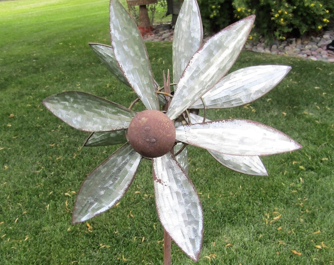 Galvanized Rustic Metal Double Spinner Petal Blades Yard Garden Stake ...