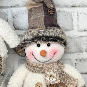 Set of 2 Adorable Vintage Style Plush Shelf Sitter Snowman W/ Wood Bead ...