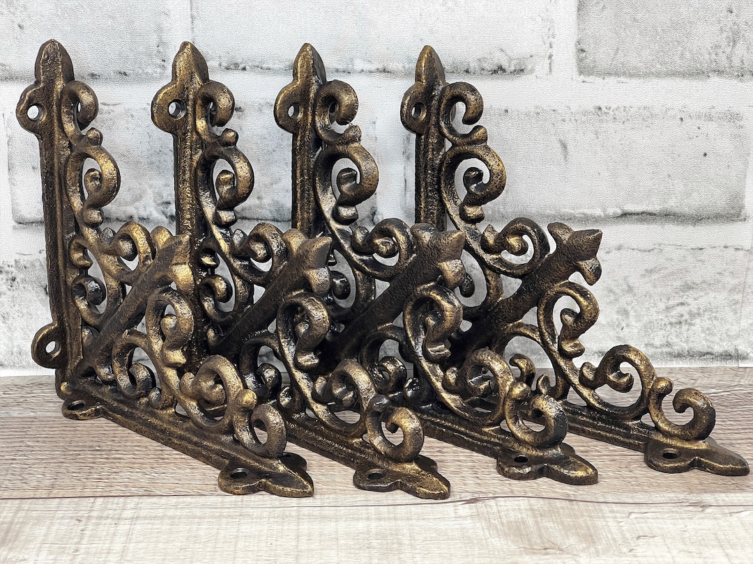Set of 4 Hand Painted Cast Iron Shelf Brackets Braces Brown W/ Antique ...