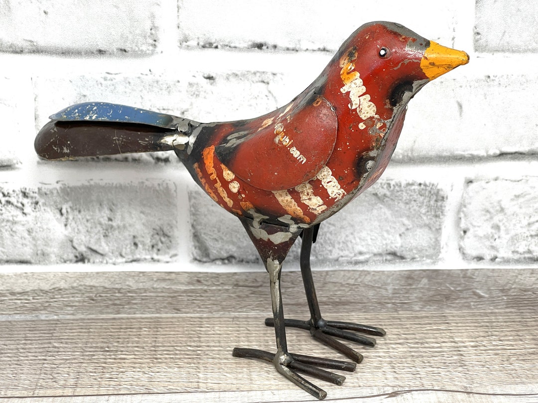 Rustic Repurposed Recycled Scrap Metal Red Bird Statue Home Farm Garden ...