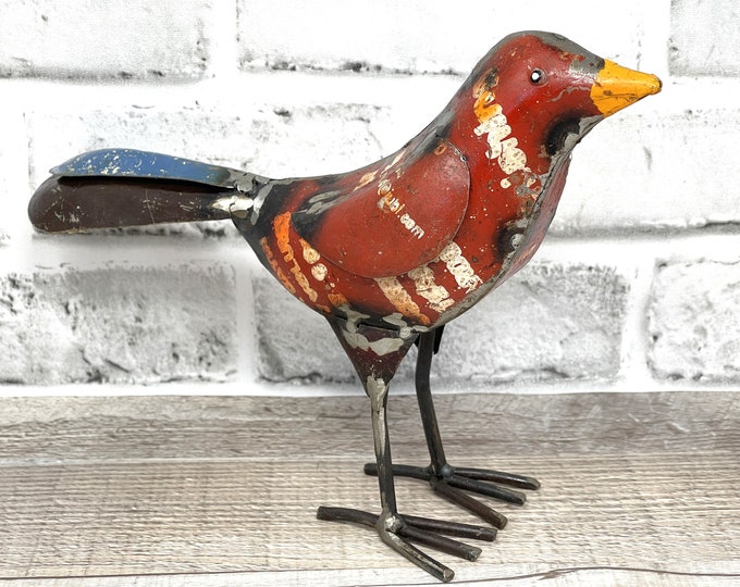 Rustic Repurposed Recycled Scrap Metal Red Bird Statue Home Farm Garden ...