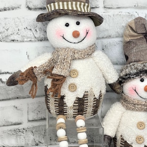 Set of 2 Adorable Vintage Style Plush Shelf Sitter Snowman W/ Wood Bead ...