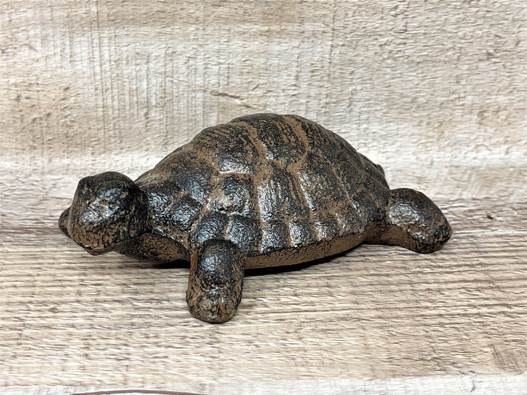Fun Small Rustic Primitive 5 Long Cast Iron Turtle Figurine Home Garden ...