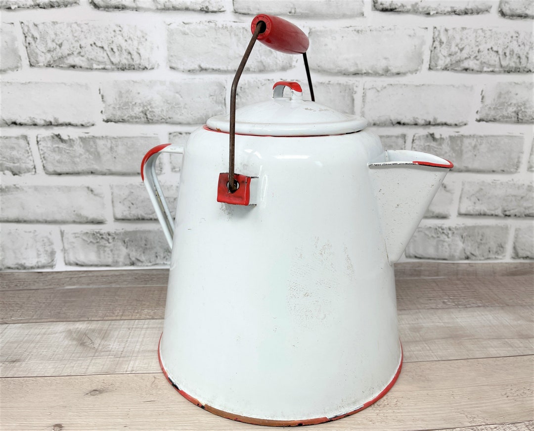 Vintage Large Enamelware Tea Kettle White W/ Red Trim 9.5 Tall X 11 ...