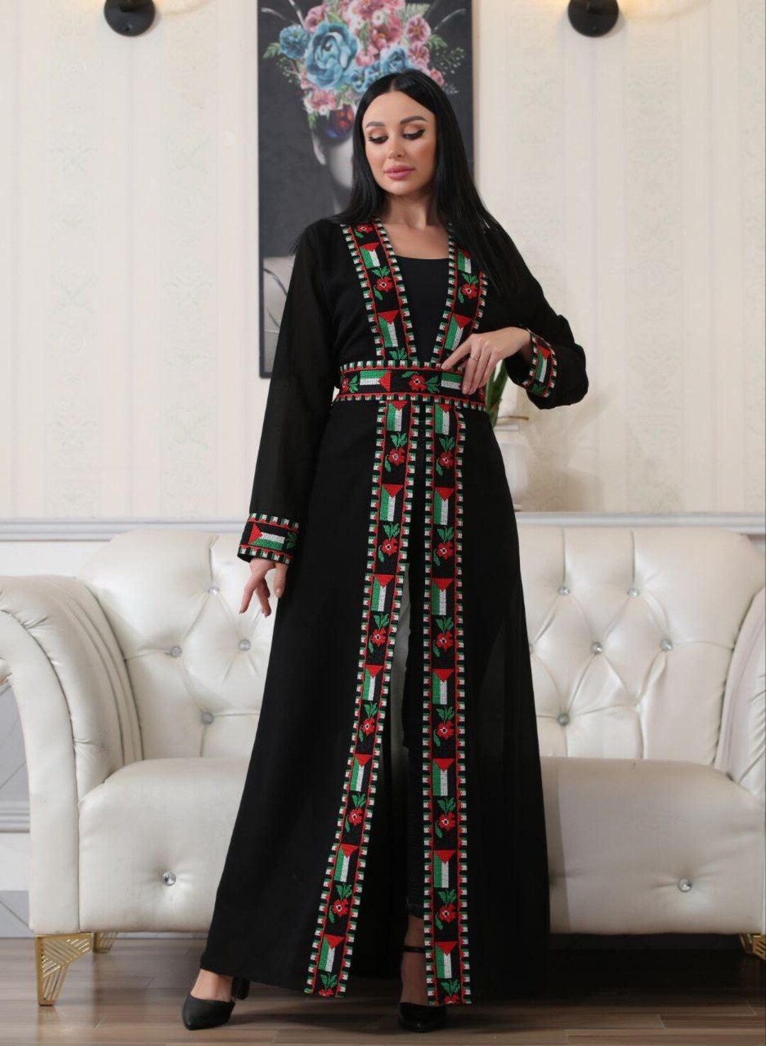 Chiffon Cardigan With Embroidered Palestinian Flag Cultural Statement ...