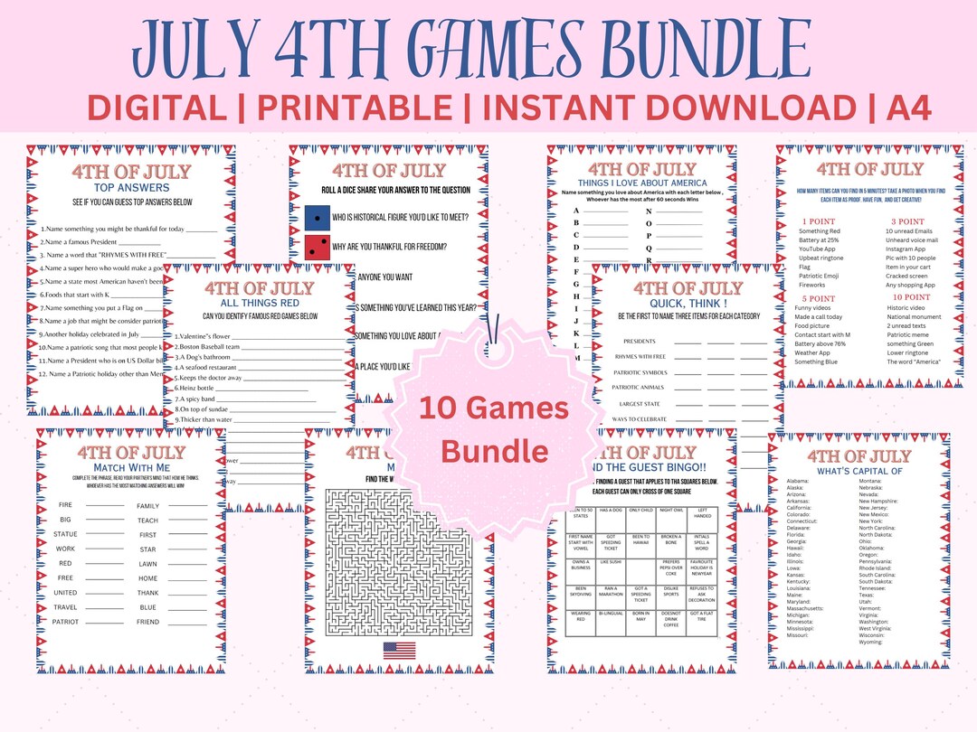4th of July Games Bundle, 10 Printable Party Games for Kids & Adults ...