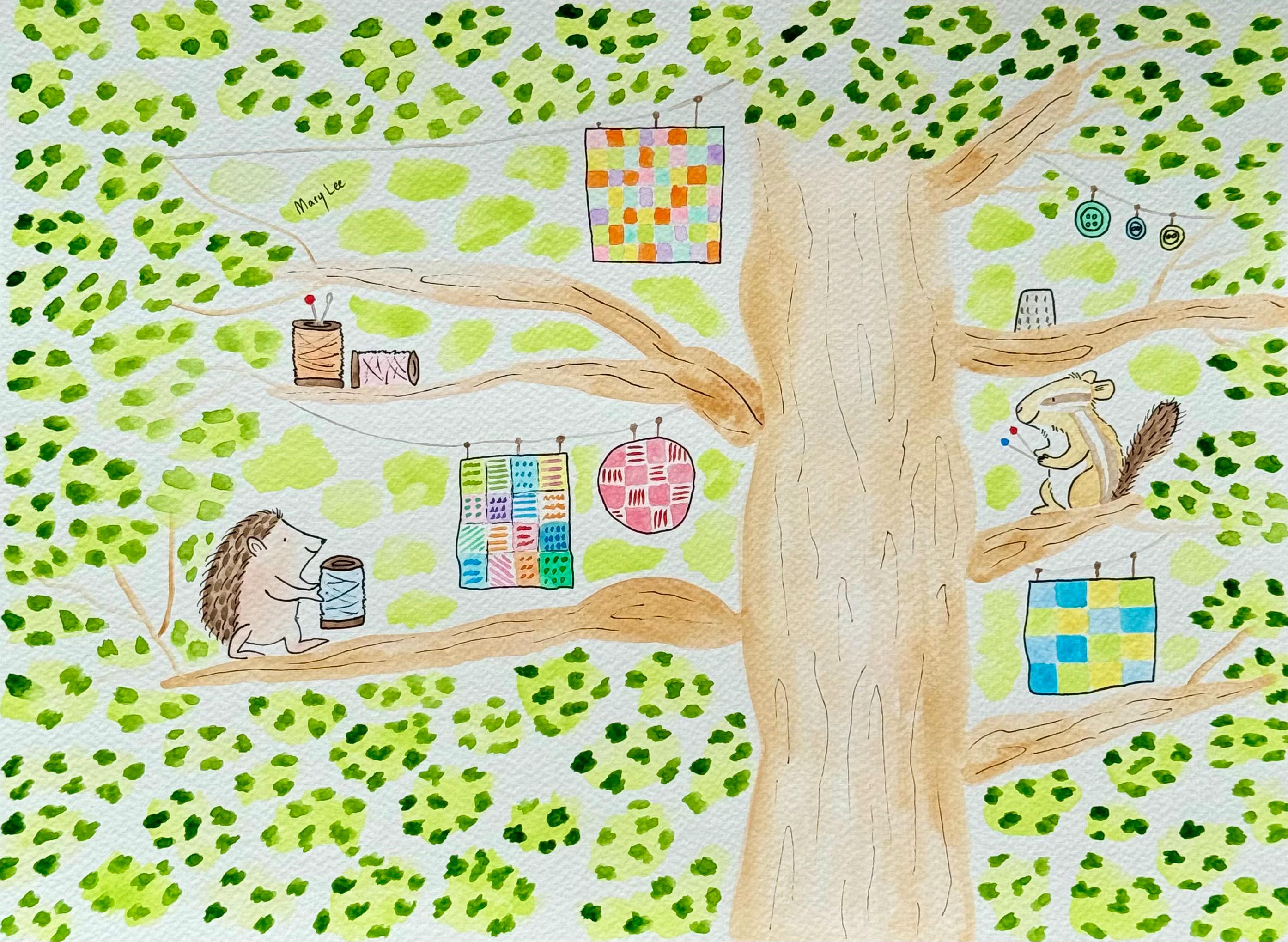 Art Print of Original Watercolor Painting sewing Buddies by Happy Art by Mary Studio Animal ...