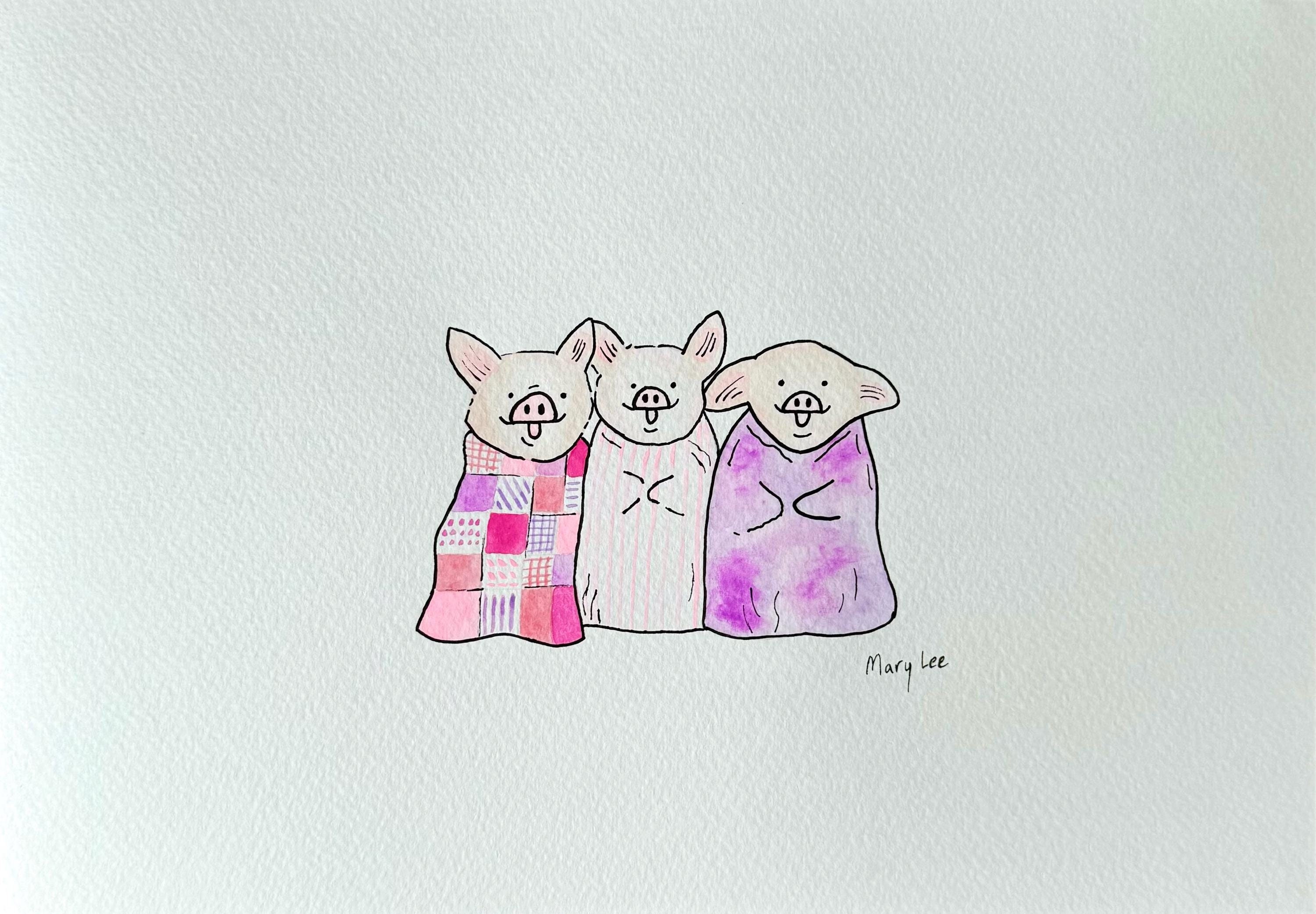 Art Print of Original Watercolor Painting pigs in a Blanket by Happy Art by Mary Studio Pink ...