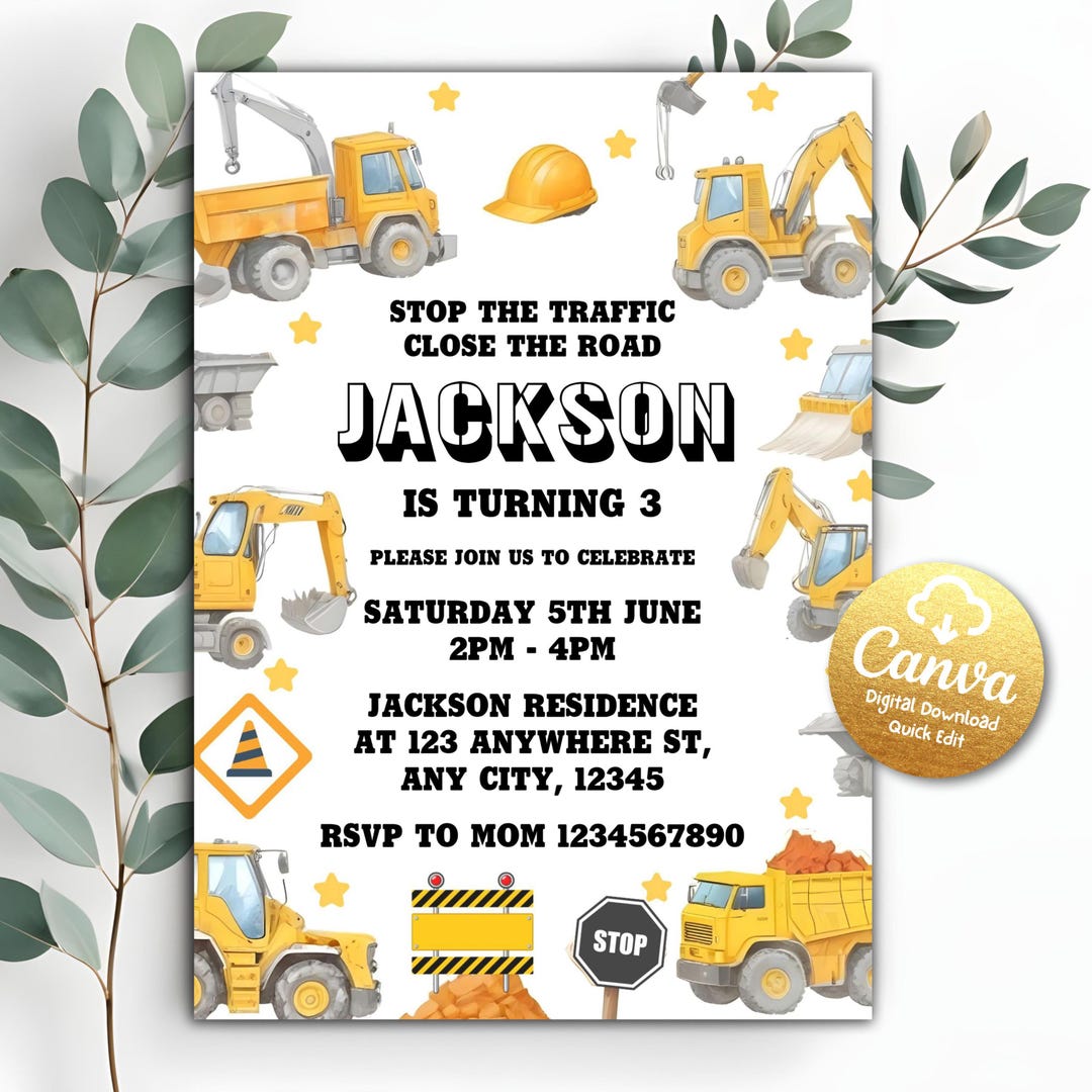 Editable Construction Invitation, Construction Birthday Invitations ...