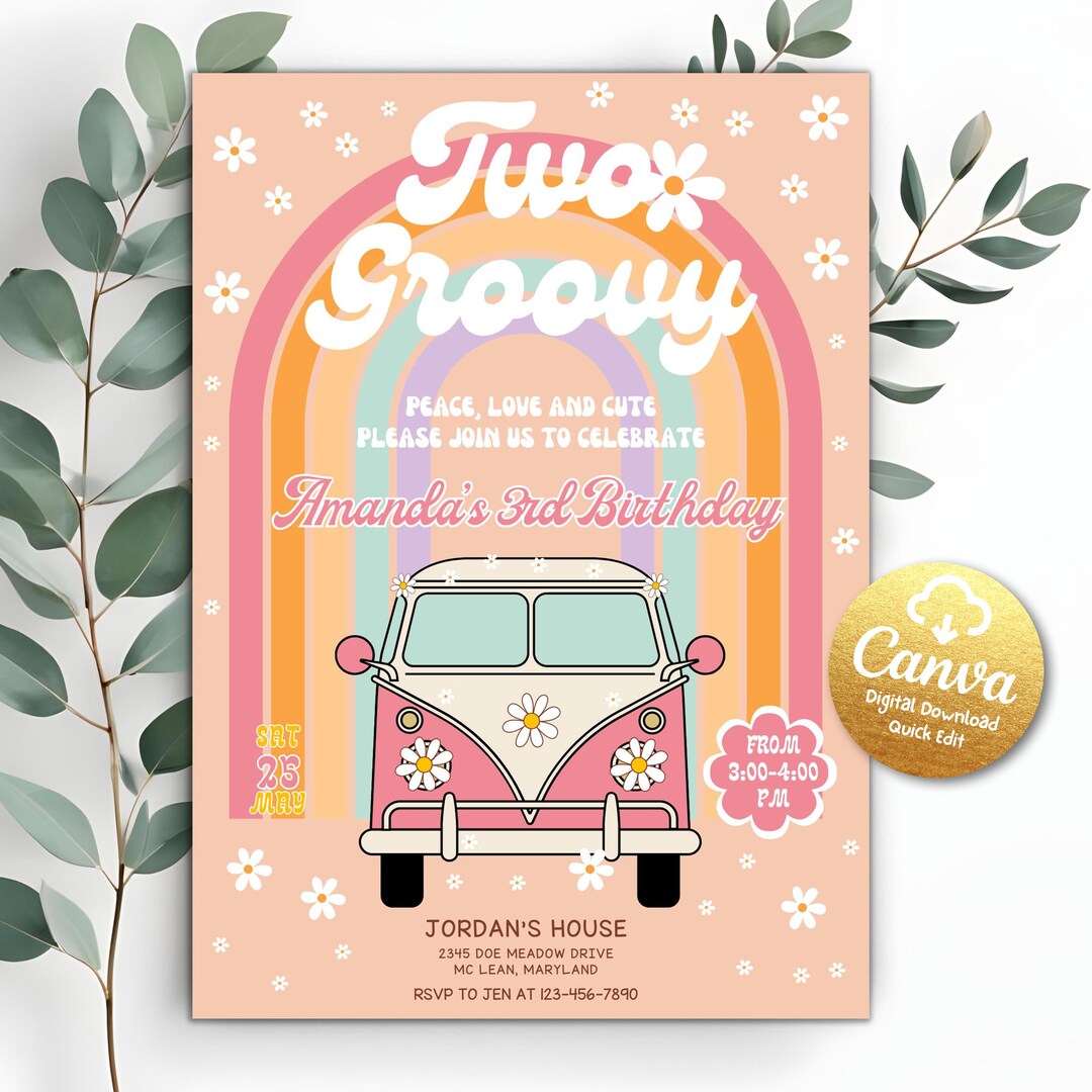 Editable Groovy Birthday Invitation, Let's Get Groovy Daisy Rainbow ...