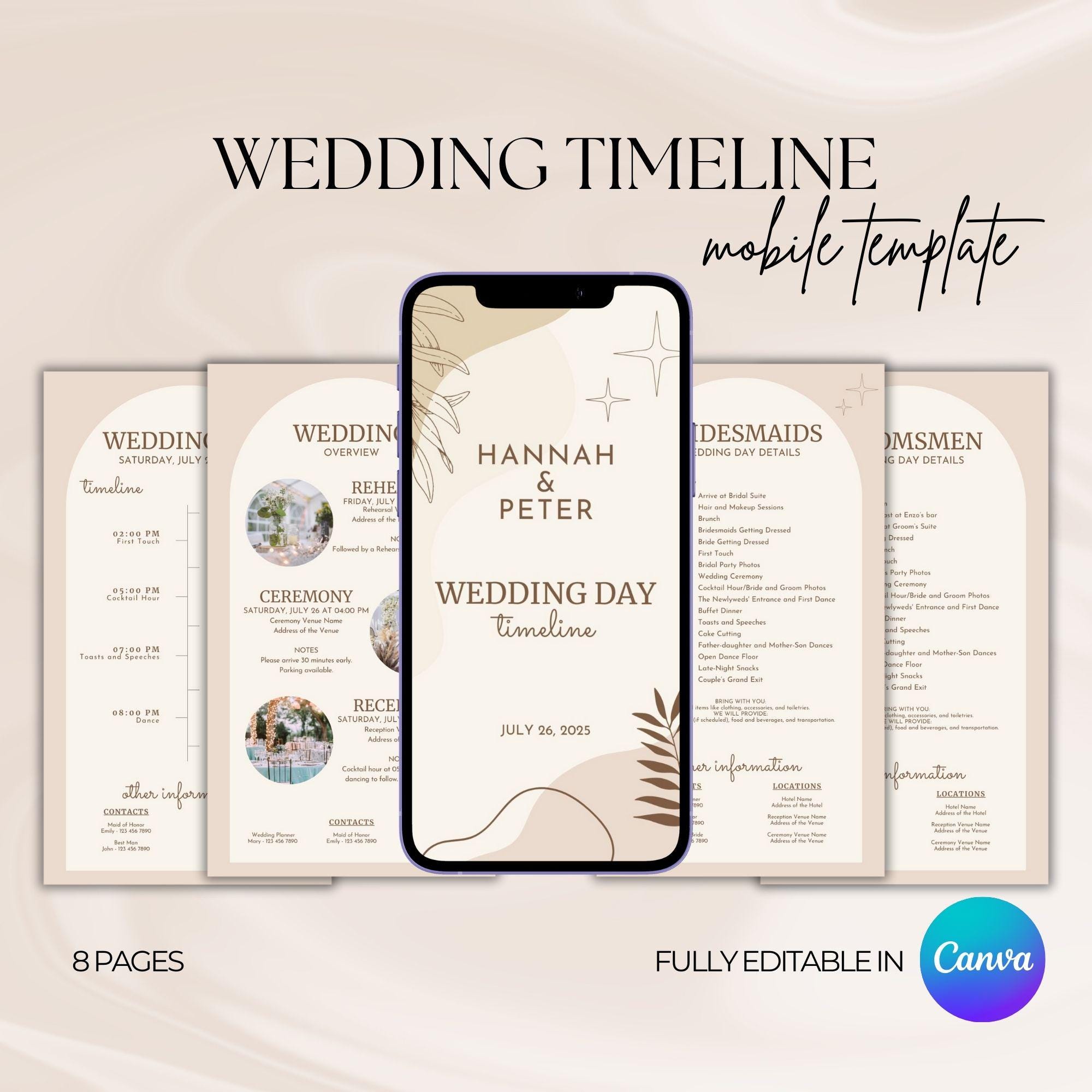 Mobile Boho Wedding Timeline Canva Template, Wedding Day Digital ...