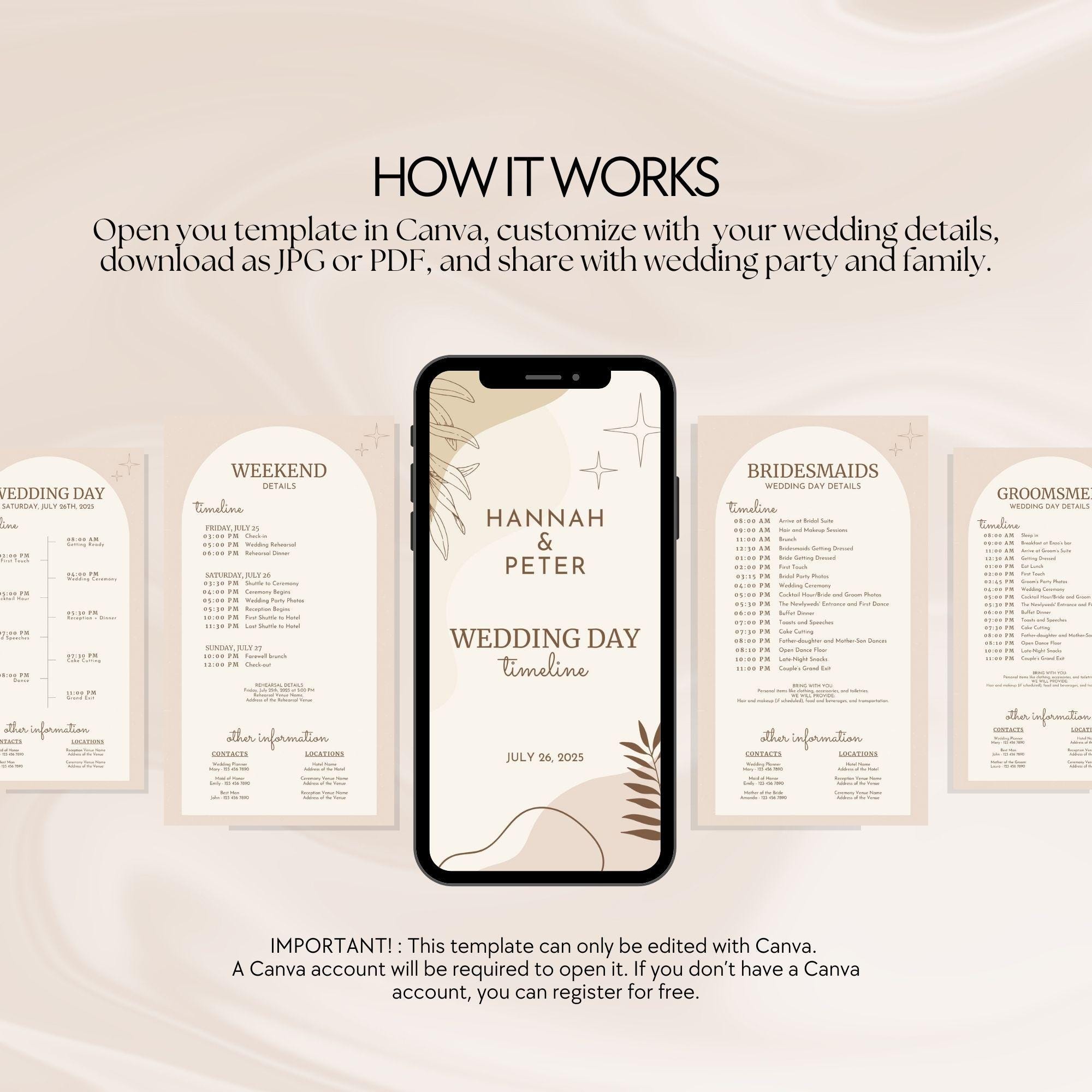 Mobile Boho Wedding Timeline Canva Template, Wedding Day Digital ...