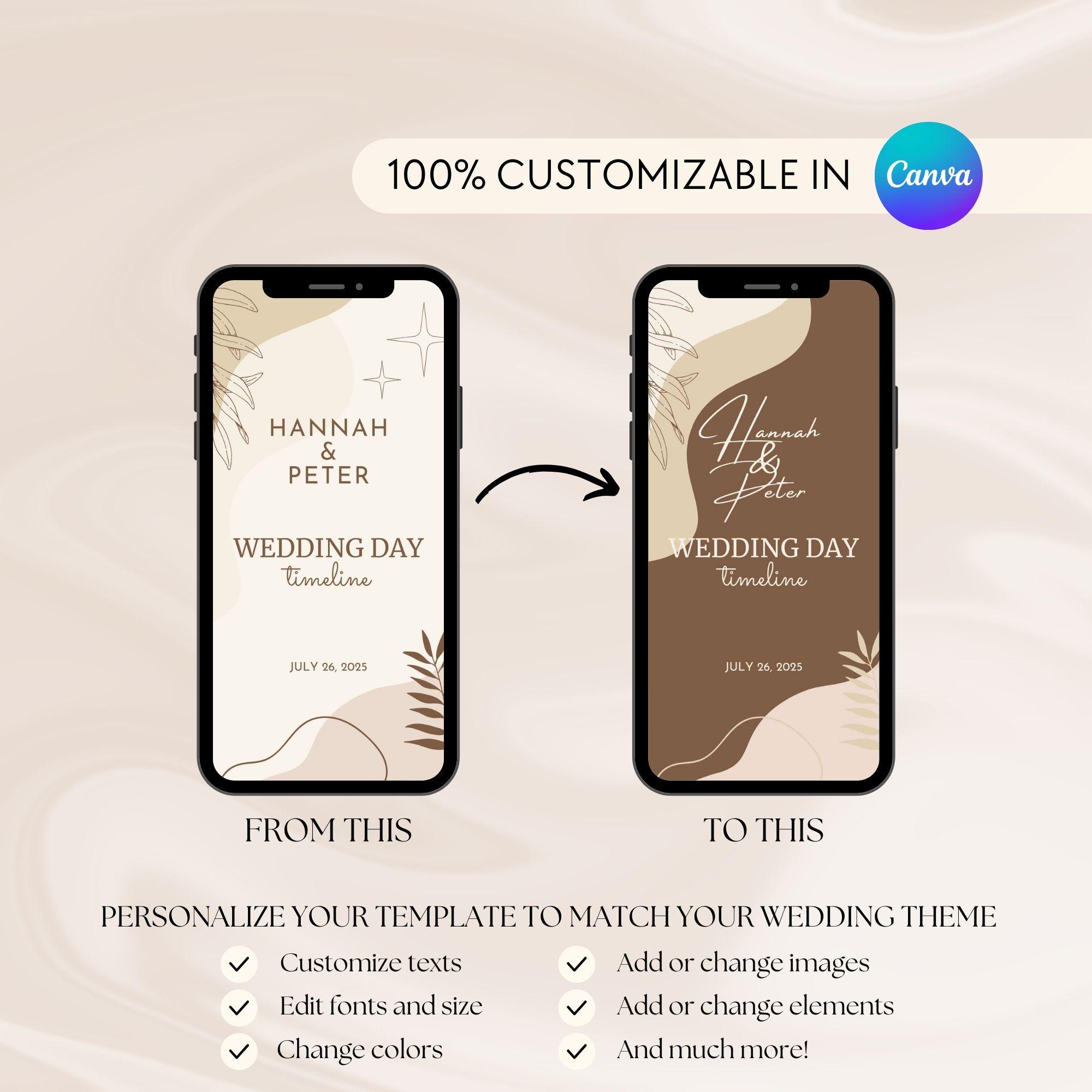 Mobile Boho Wedding Timeline Canva Template, Wedding Day Digital ...