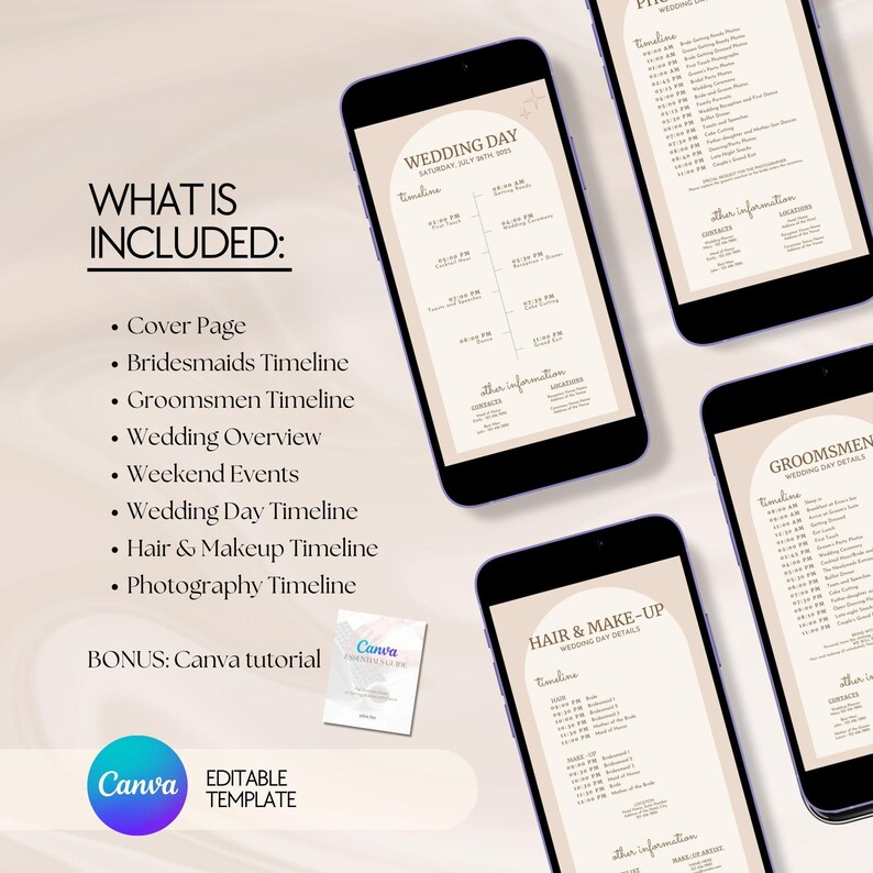 Mobile Boho Wedding Timeline Canva Template, Wedding Day Digital ...