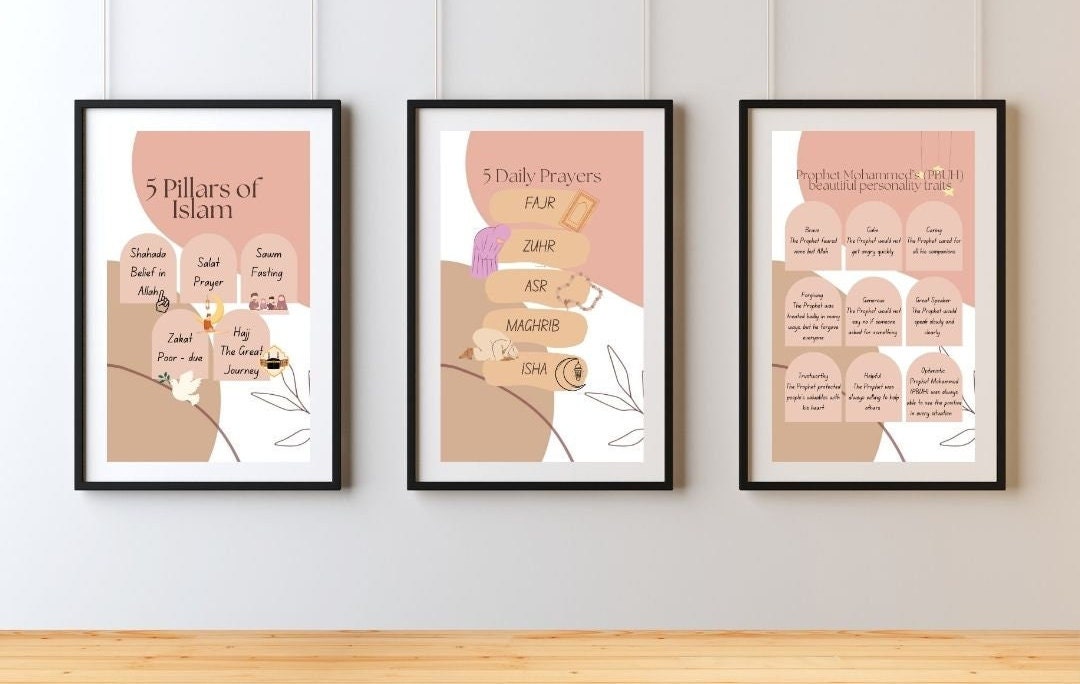Set of 3 Educational Islamic Posters 5 Pillars of Islam Prophets ...