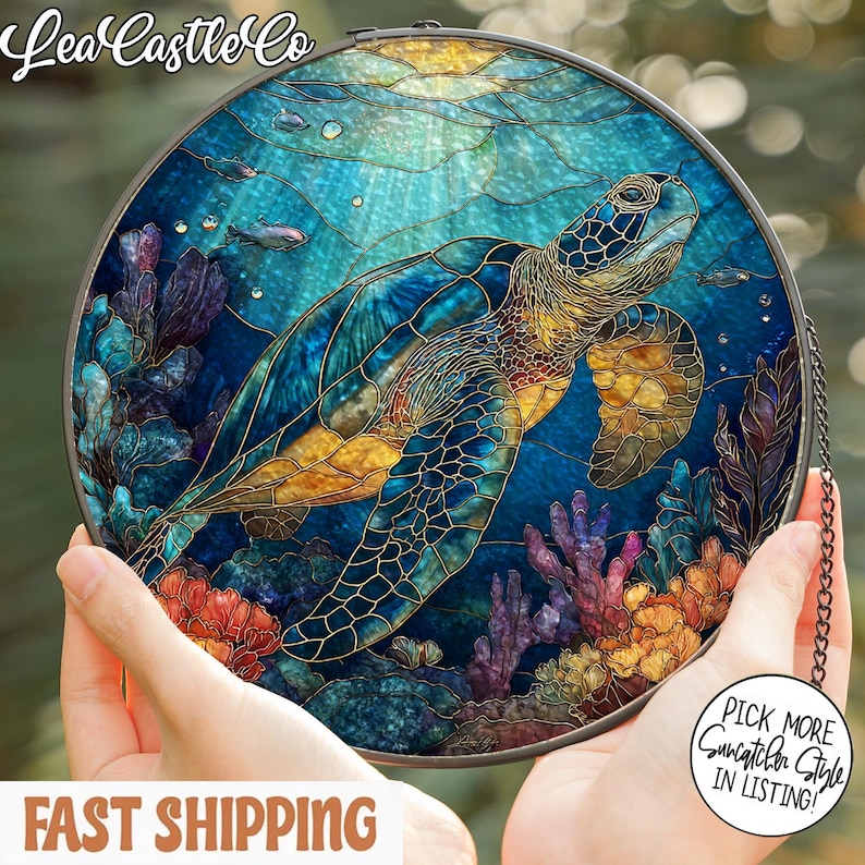 Stained Glass Sea Turtle Window Hanging Decoration, Ocean Reef Round ...