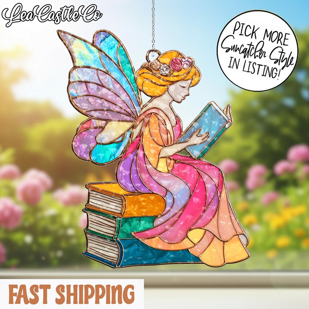 Magical Fairy Suncatcher on Books Stack, Acrylic Faux Stained Glass ...