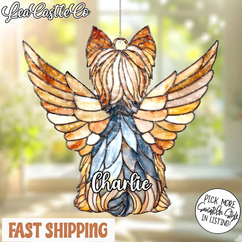 Custom Angel Yorkie Dog Suncatcher, Yorkshire Terrier With Wings Window ...