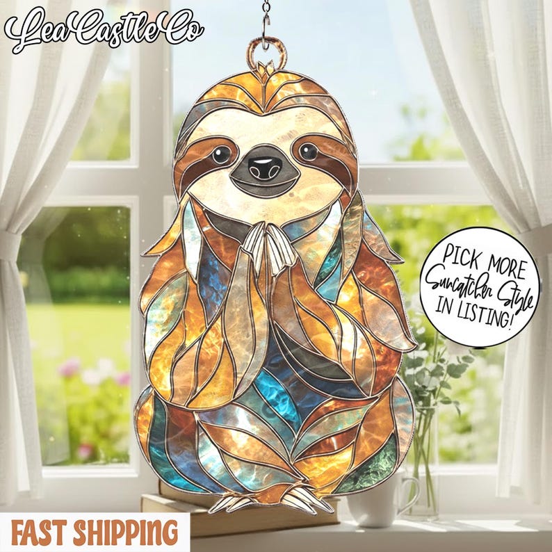Sloth Namaste Suncatcher, Meditation Sloth Acrylic Style Window Hanging ...