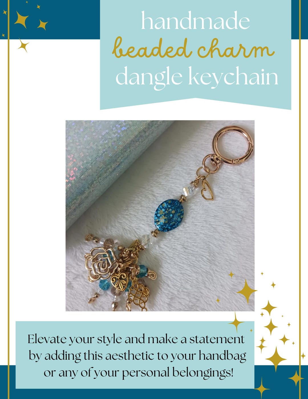 Gold & Turquoise Beaded Charm Handbag Keychain L Purse Accessory ...