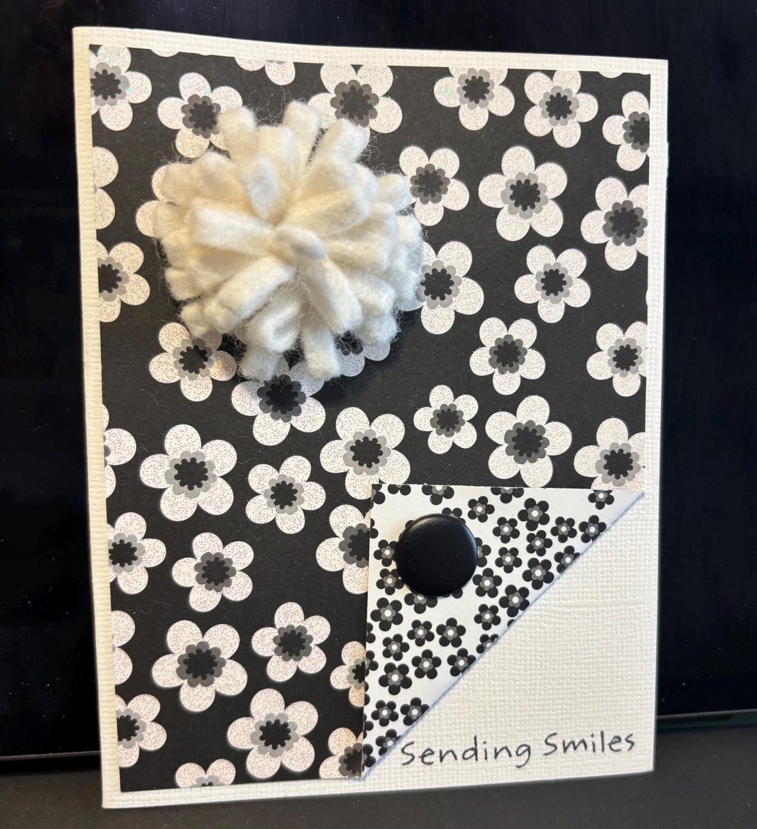 Handmade Greeting Card, Black and White Card, White Felt Flower Card ...