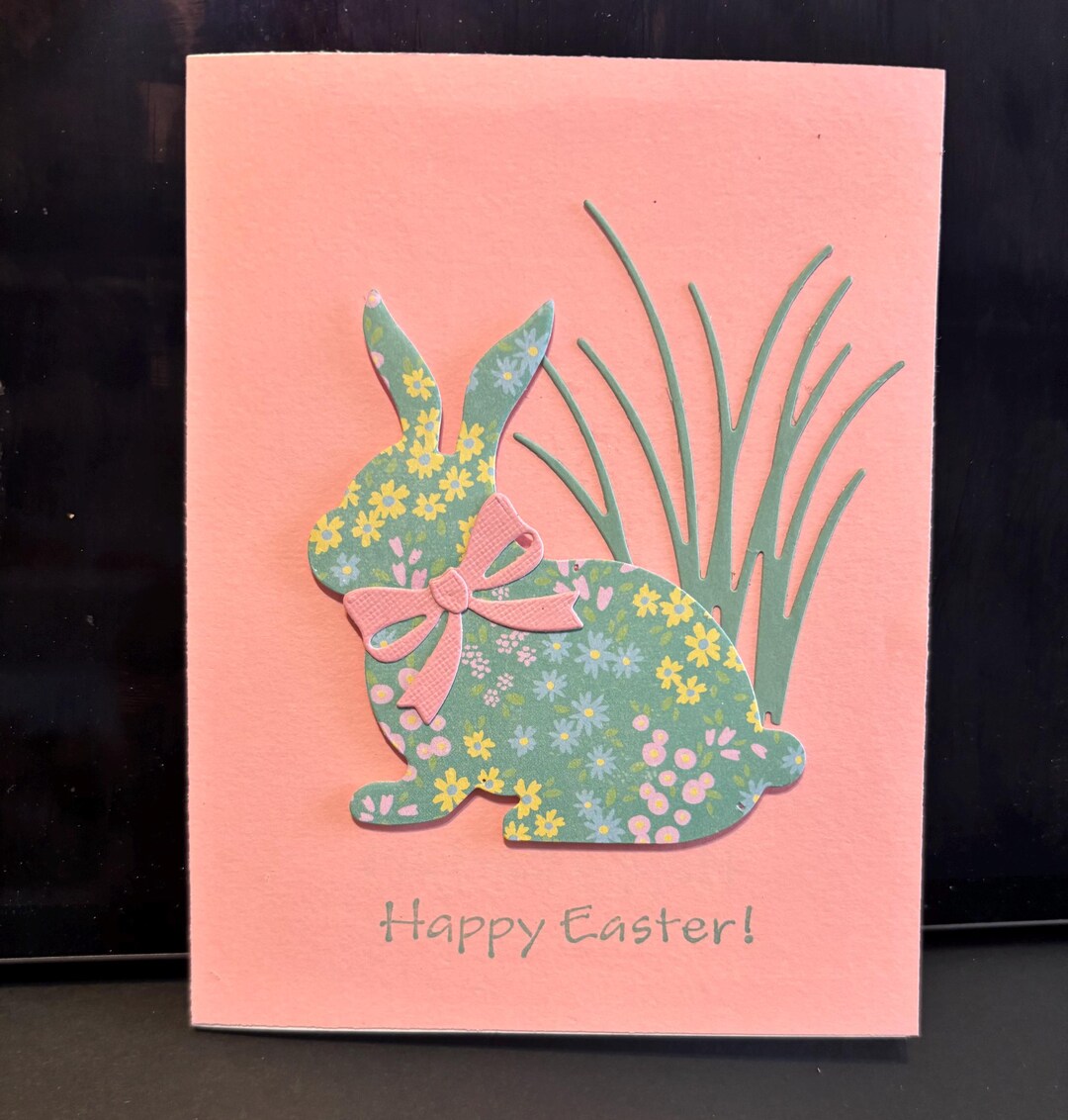Handmade Easter Card: Floral Bunny With Pink Ribbon - Etsy