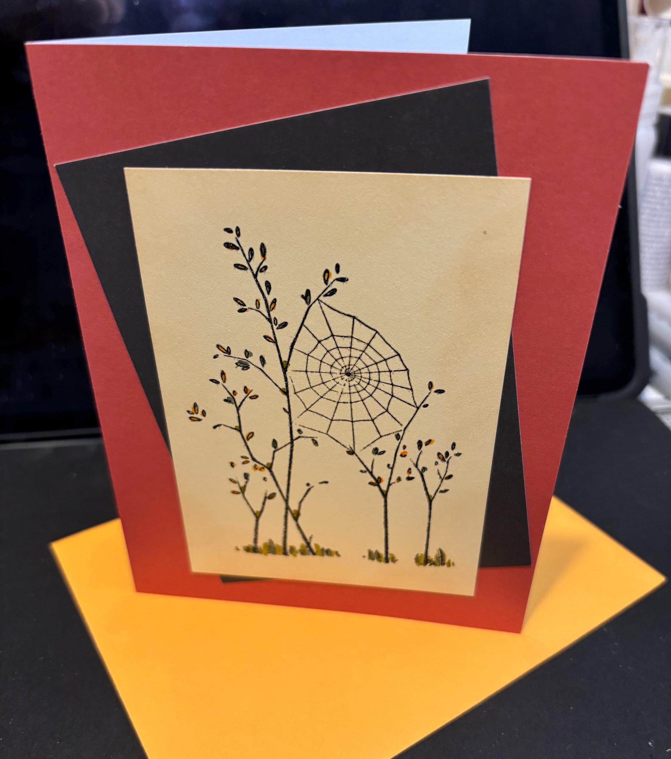 Handmade, Fall Greeting Card, Cobweb With Trees, Rubber Stamped in ...