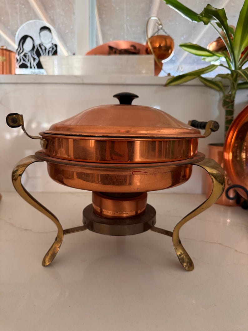 Vintage Copper Brass Chafing Dish Buffet Warming Warmer Tray Pan Handle ...