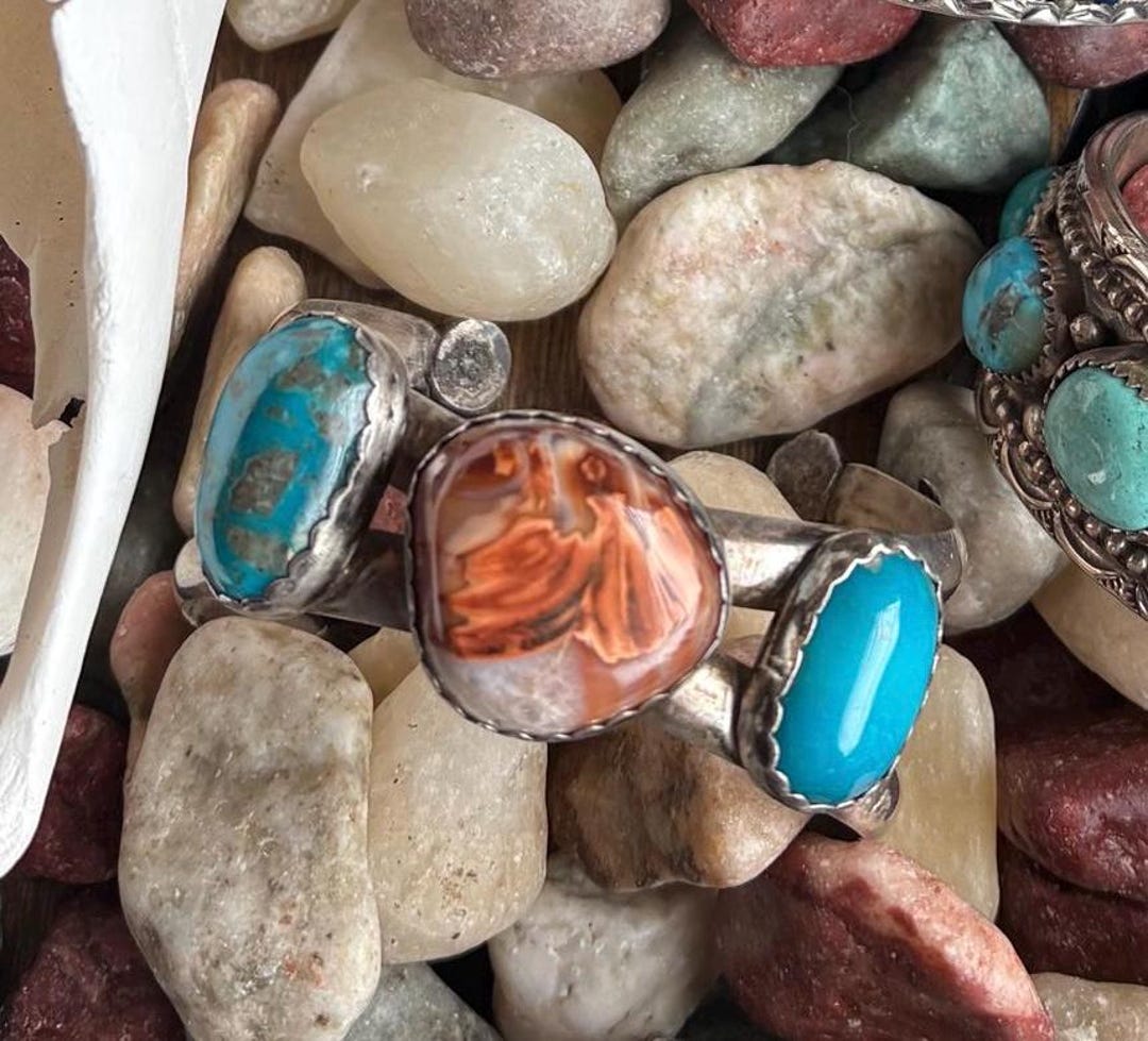 Native American Hallmark (HB?) 3-stone, 2-band Sterling Cuff Bracelet ...