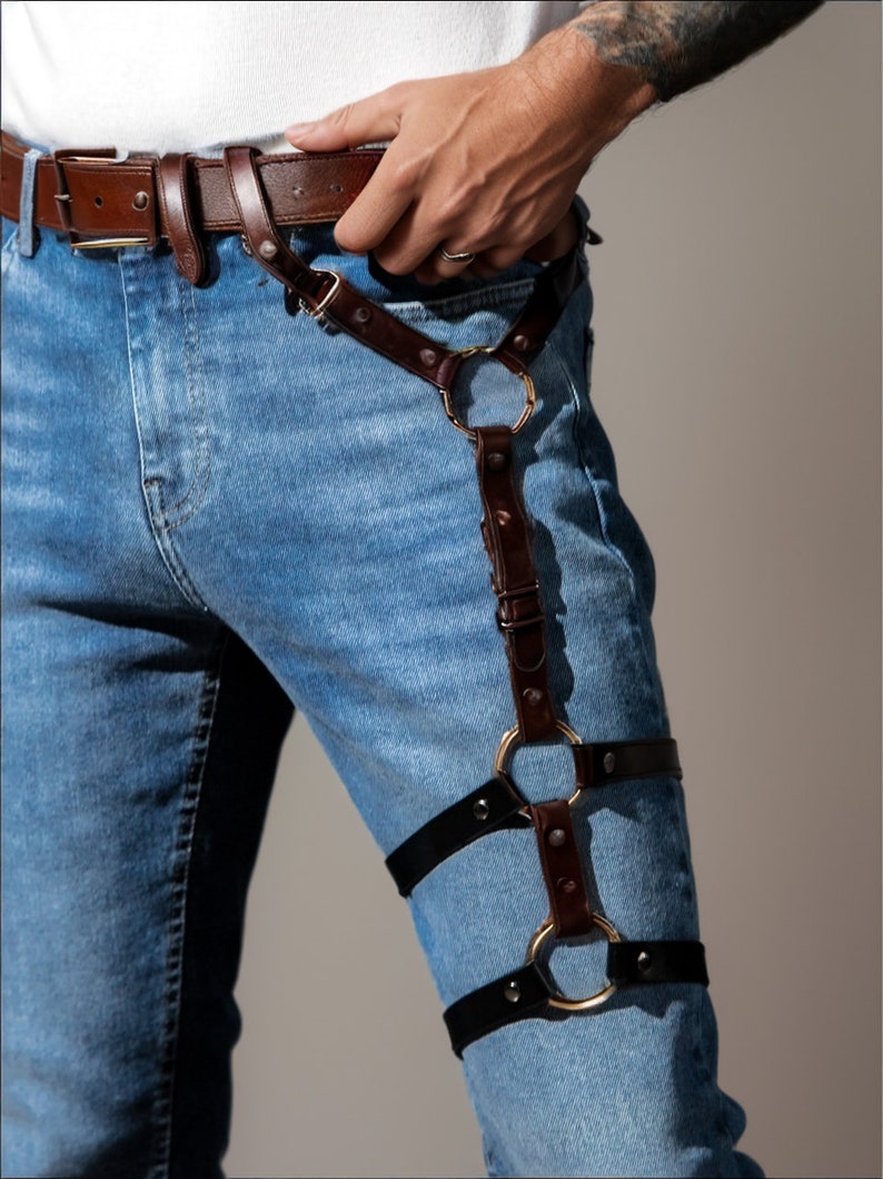 Man Leather Leg Harness, Adjustable Men Accessory, Black & Red Thigh ...