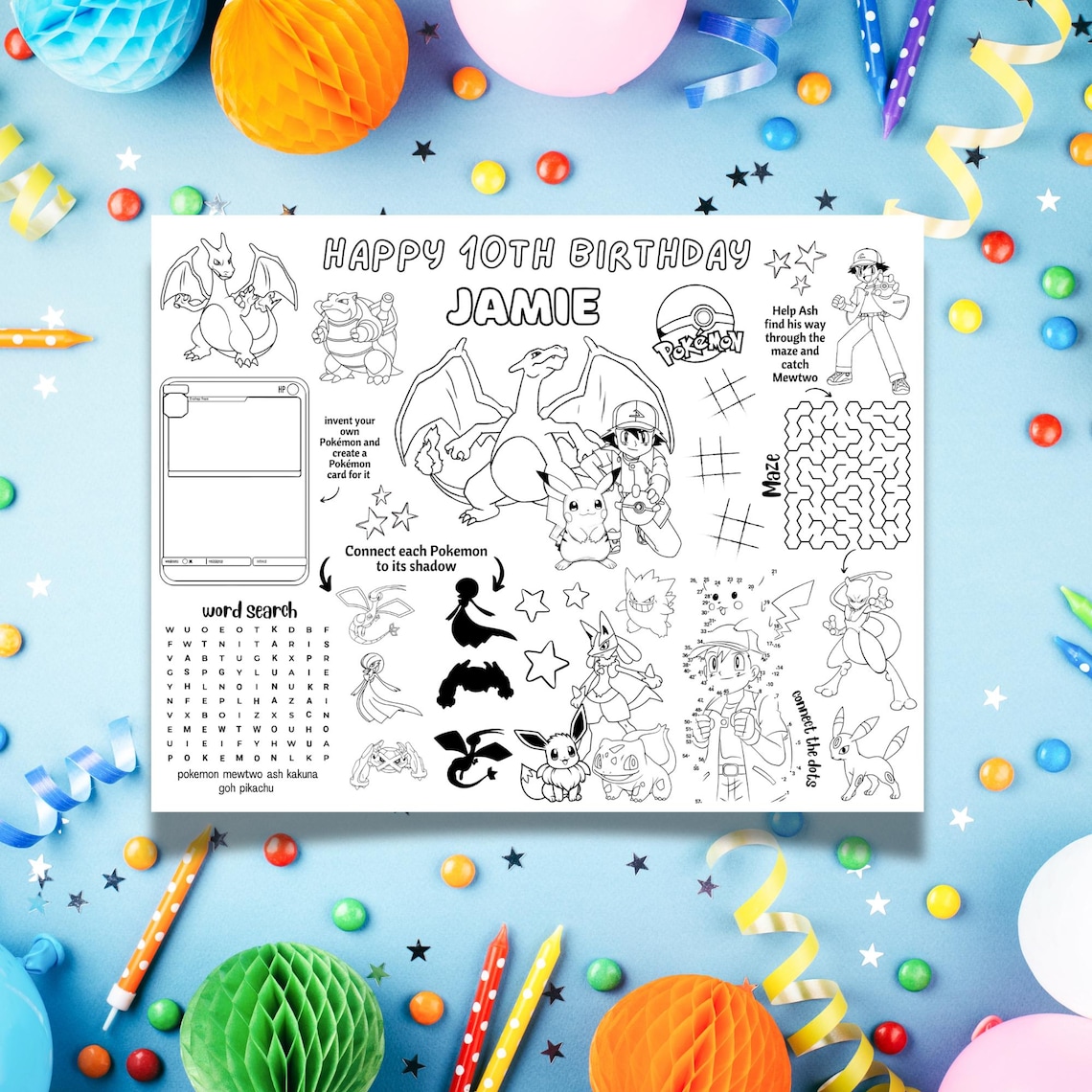 Pokemon Birthday Coloring Page, Pokemon Party Favors, Placemat, Pikachu ...