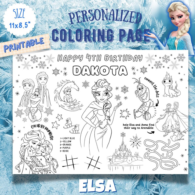Frozen Elsa Birthday Coloring Page, Frozen Party Favors, Placemat ...