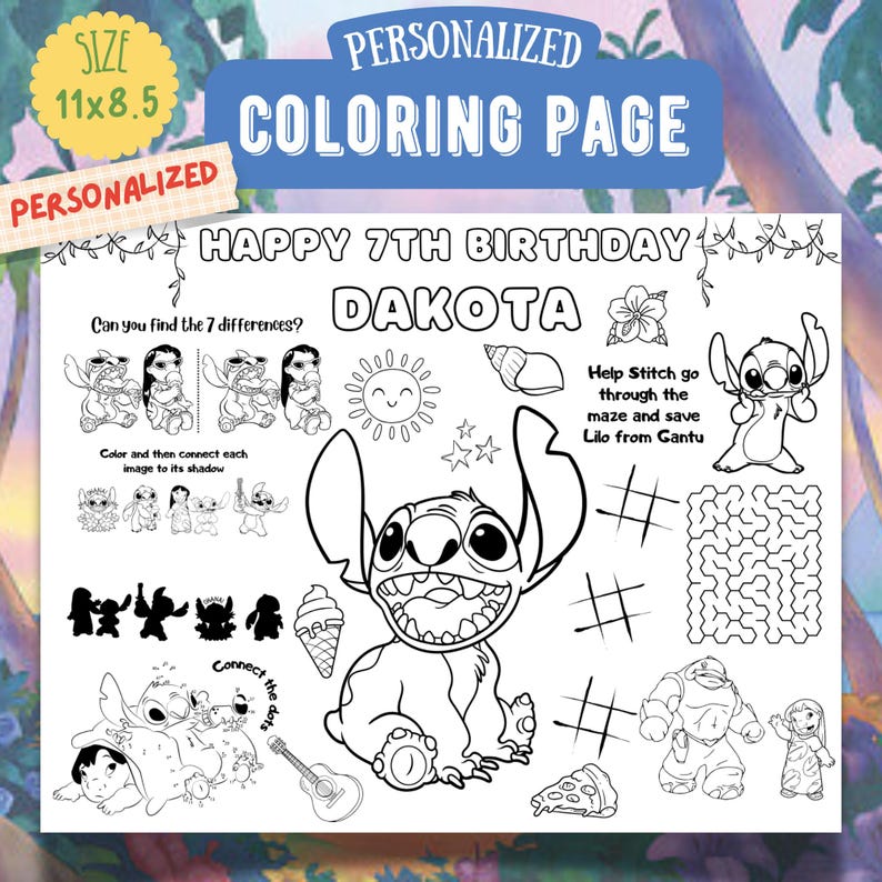 Lilo and Stitch Birthday Coloring Page, Stitch Placemat, Lilo and ...