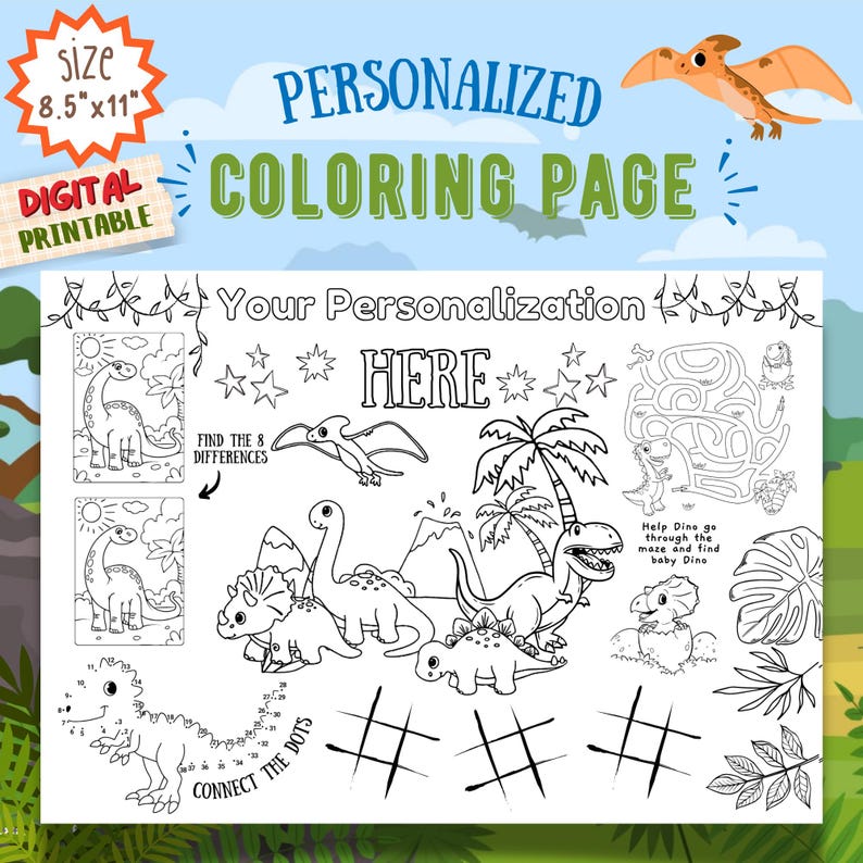 Dinosaur Coloring Page | Personalized Dinosaur Birthday Activity Sheet ...