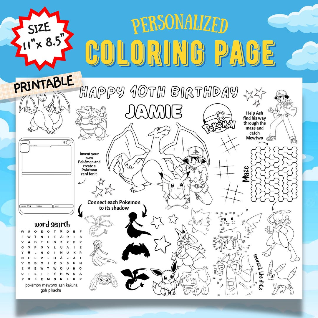 Pokemon Birthday Coloring Page, Pokemon Party Favors, Placemat, Pikachu ...