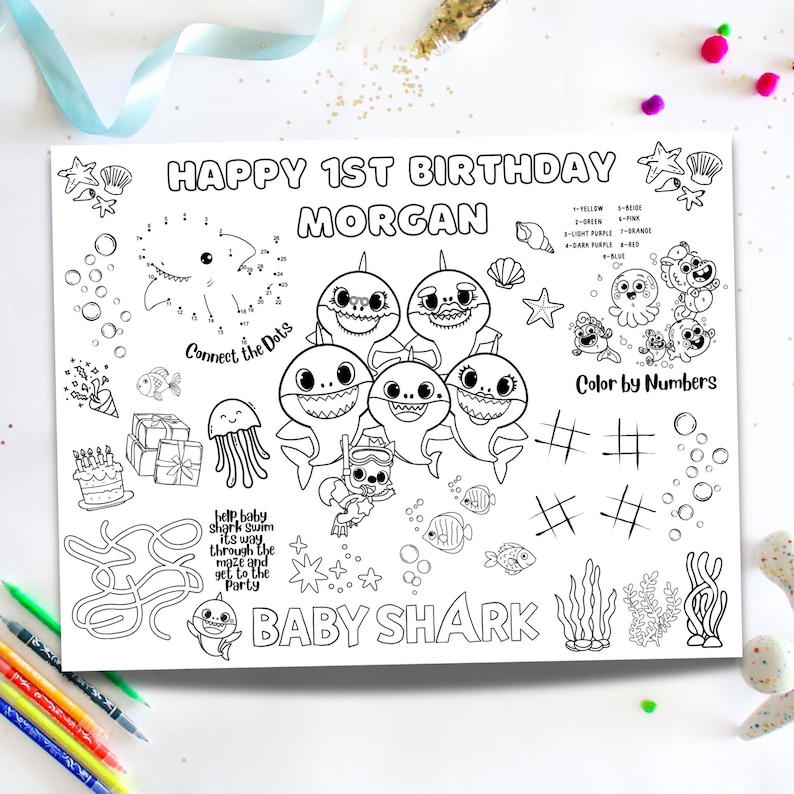 Baby Shark Birthday Coloring Page, Baby Shark Party Favors, Placemat ...